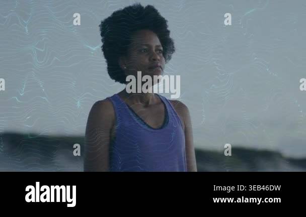 Smiling woman in purple tank top with animation of abstract line ...