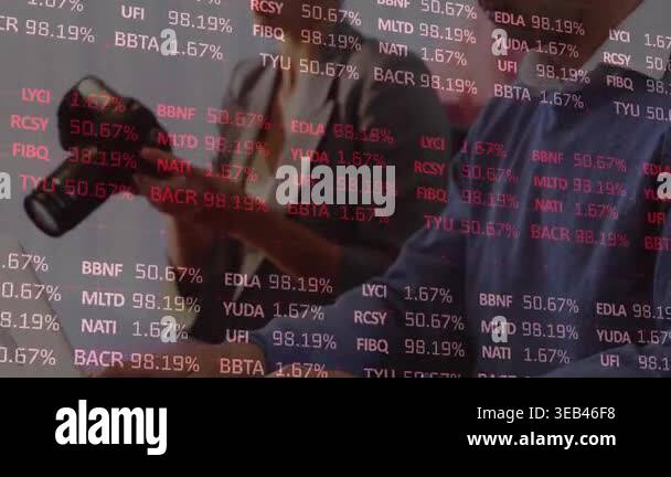 Animation of trading board over caucasian woman showing photo to ...