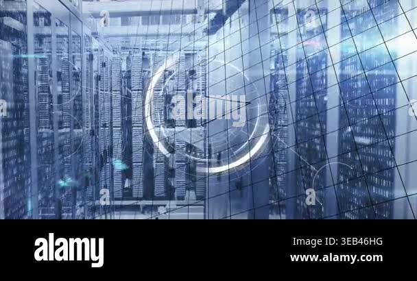 Animation of head with heart and data processing over server room ...