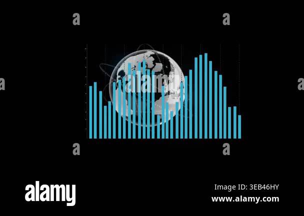 Animation of financial graphs and globe on black background. Global ...