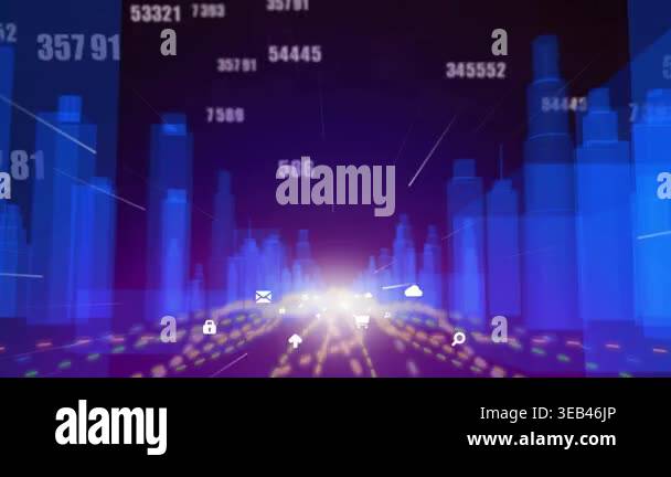 Animation of numbers and light tunnel moving fast over metaverse city ...