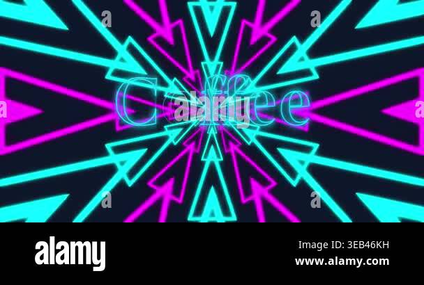 Animation of neon blue coffee text banner over neon arrow icons against ...