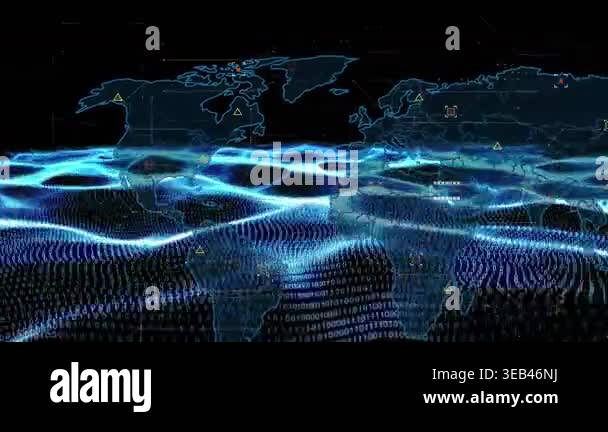 Animation of world map, icons and waves on black background. Data ...