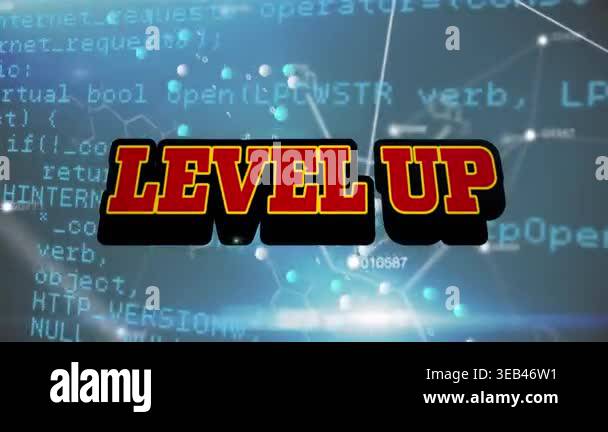 Level up text banner and chemical and dna structures against data ...