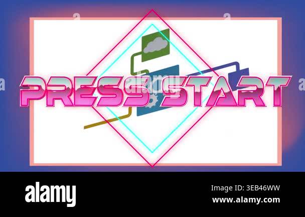 Animation of press start text over media icons. Social media and ...