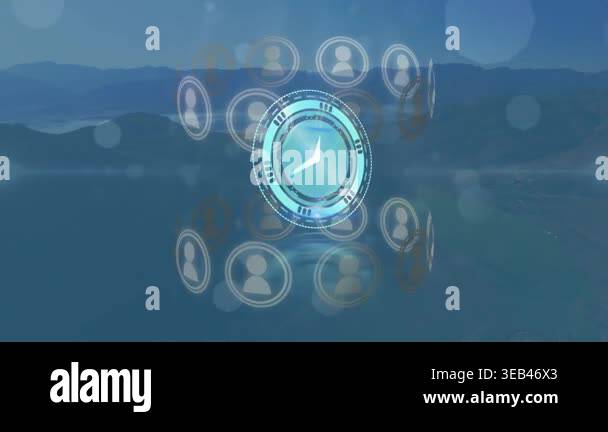 Animation of moving clock with icons over landscape. Global business ...