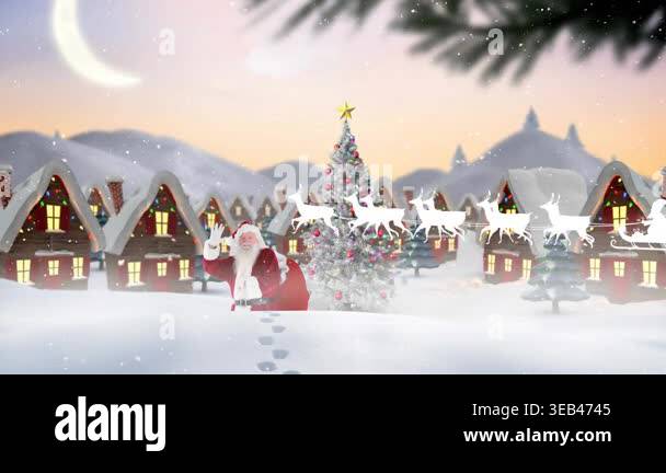 A composite image of santa claus in front of decorated houses, with ...