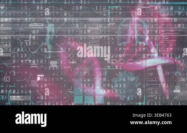 Animation dna and binary code over data on digital screen. global covid ...