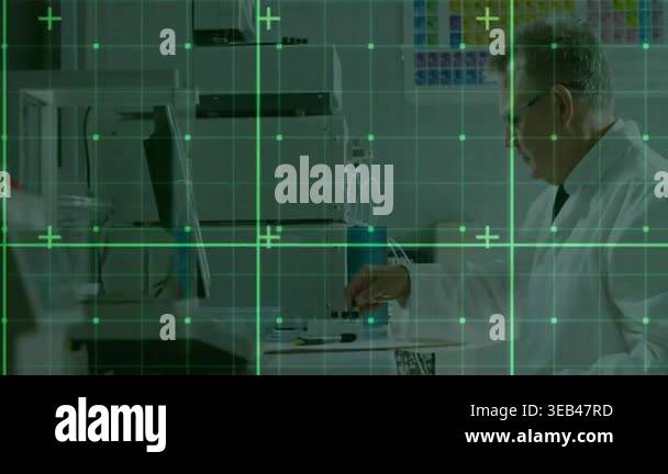 Scientist working in laboratory with grid and data points animation ...