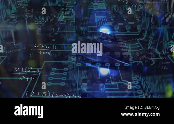 Animation of math formulas and graphs over motherboard. Global math ...