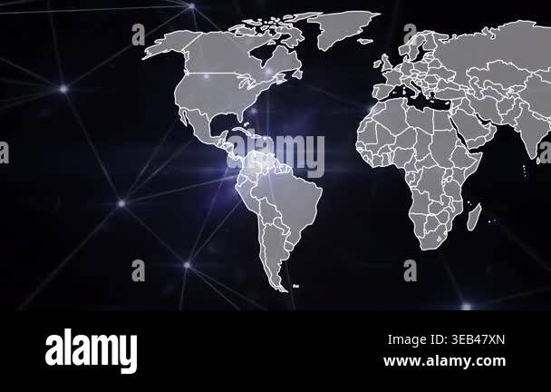 Animation of network of connections and world map over dark background ...