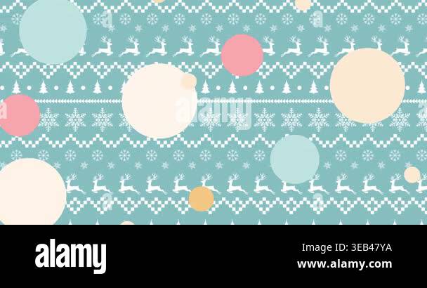 Animation of snow falling over christmas pattern and decorations ...