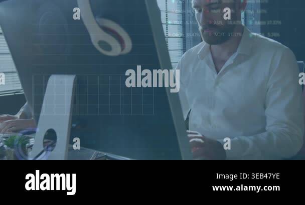 Animation of statistical, stock market data processing over man using ...