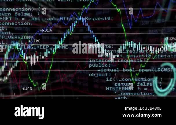 Animation of graphs and data processing on black background. computers ...