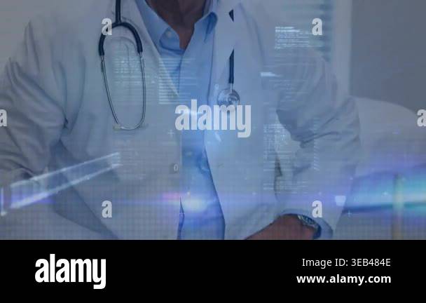 Animation of binary coding data processing over caucasian male doctor ...