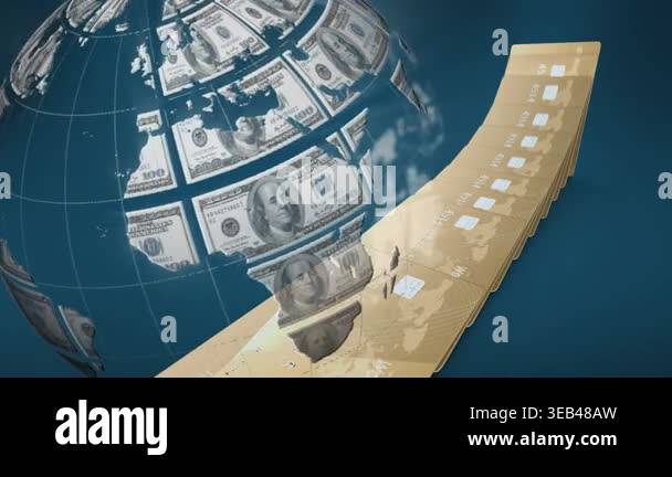 Animation of globe formed with american dollar bills spinning over blue ...