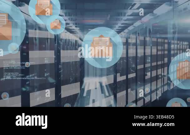 Animation of file icons over server room. global technology and digital ...