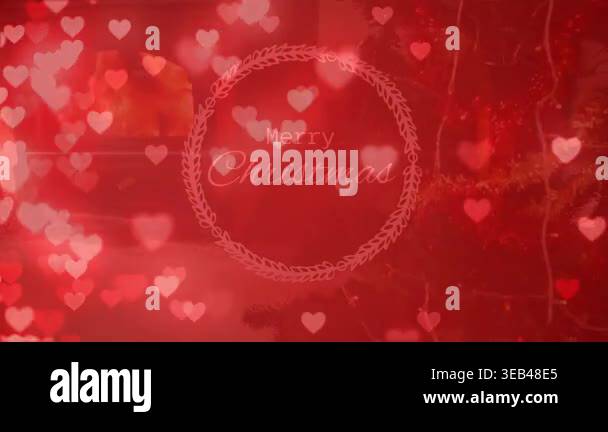 Animation of glowing heart icons over merry christmas text banner ...