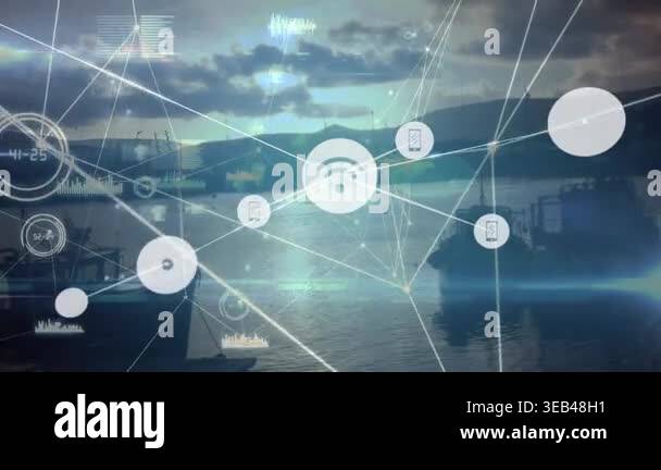 Animation of connected icons, graphs, database over boats moored at ...