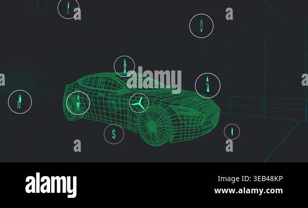 Animation of digital icons over car icon in seamless pattern against ...