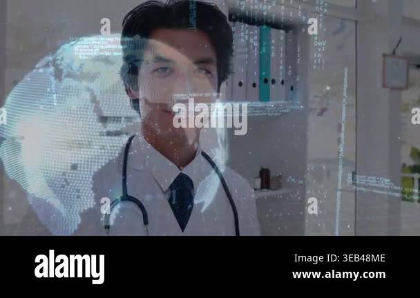 Animation of data processing and globe over asian male doctor looking ...