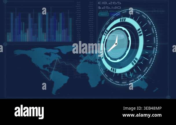 Animation of clock data processing and map on navy background. global ...