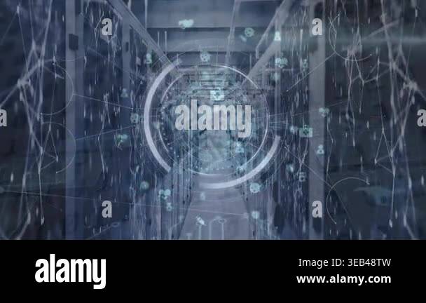 Animation of qr code and glitch over connections and binary code over ...