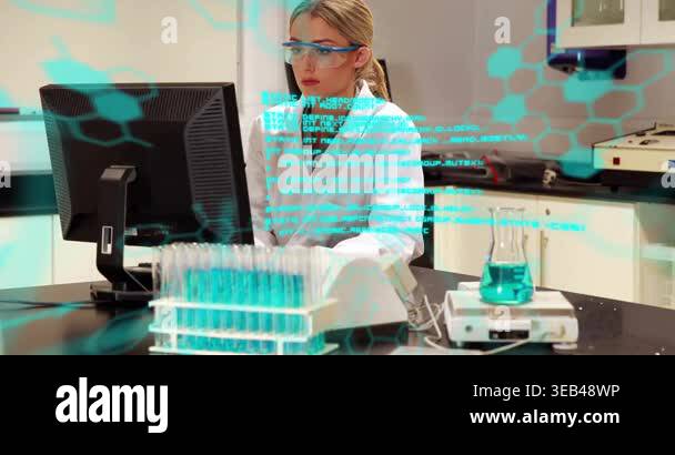 Female scientist logging into lab analysis system and scanning ...