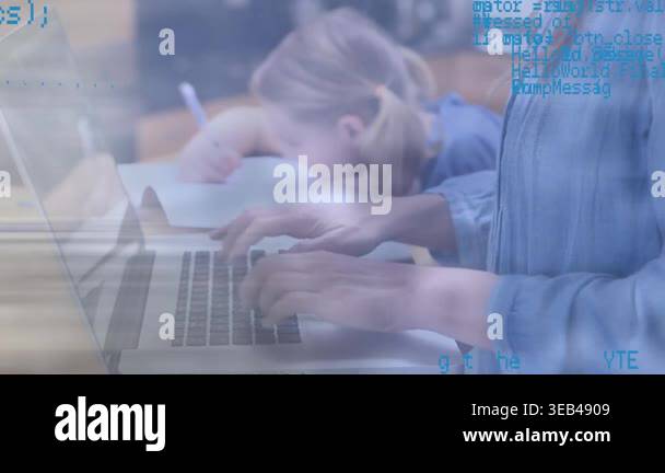 Animation of data processing over mid section of female teacher using ...