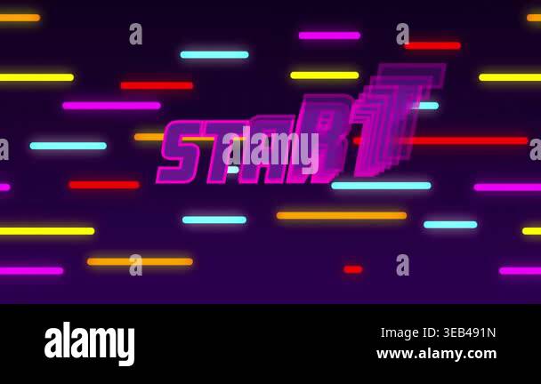 Animation of start text in purple over colourful neon lines moving on ...
