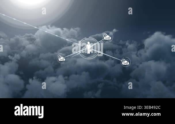Animation of network of connections with people icons over clouds ...