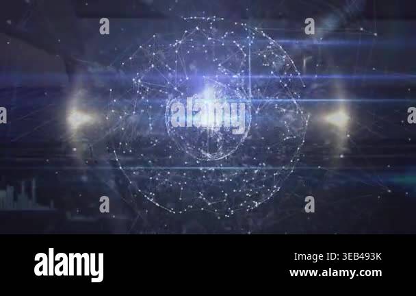 Animation of network of connections and globe over solar panels ...
