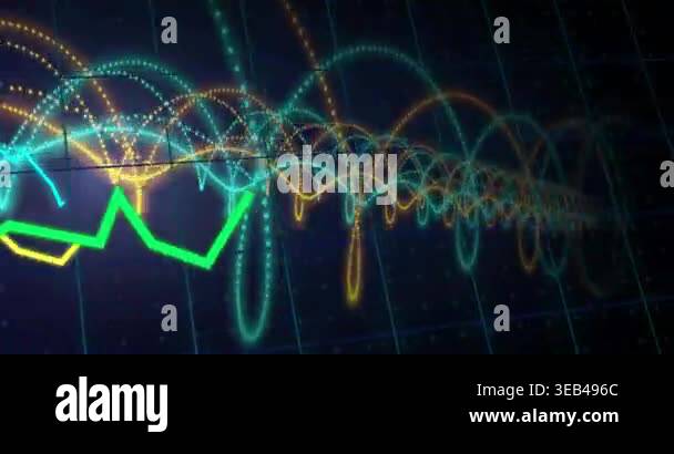 Financial data analysis animation with fluctuating graph over colorful ...