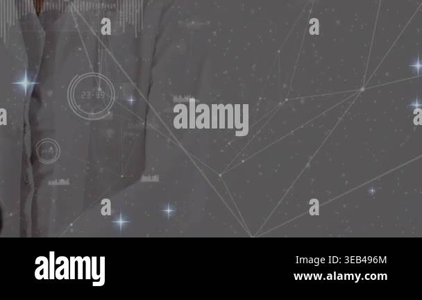 Animation of network of connections over woman wearing vr headset ...