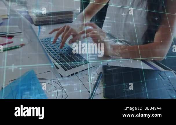 Animation of data processing over businessman using graphic tablet ...
