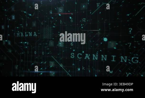 Animation of data processing over black background. global ...