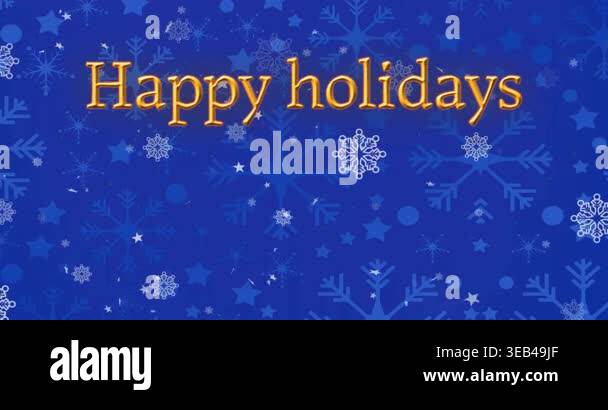 Animation of happy holidays text and snow falling on blue background ...