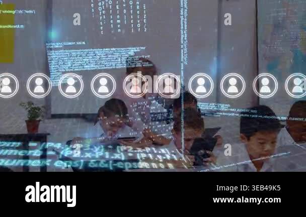 Multiple profile icons and data processing over caucasian female ...