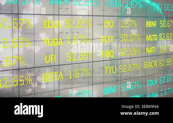 Animation of statistics and data processing over world map. Global data ...