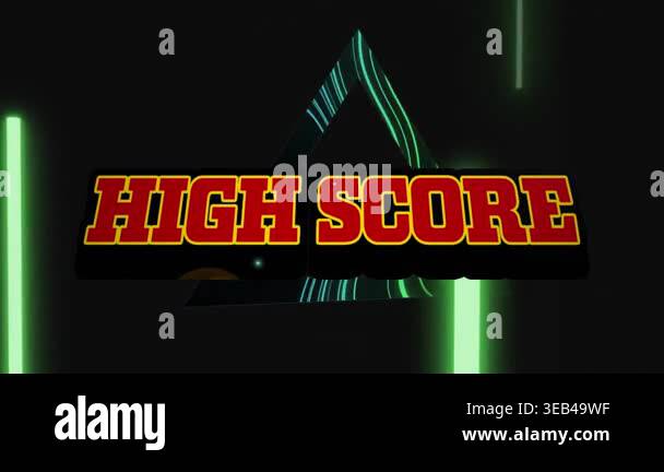 Animation of high score text over neon shapes on black background ...