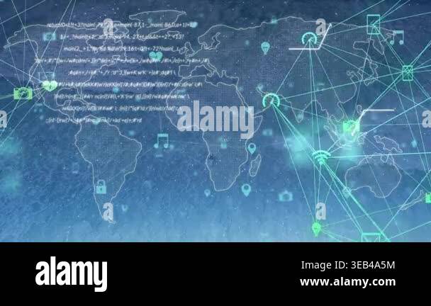 Animation of data processing with world map over network of connections ...