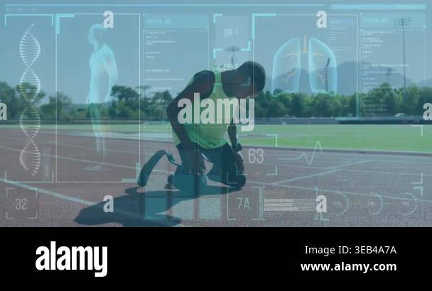 Animation of digital screen over african american man with running ...