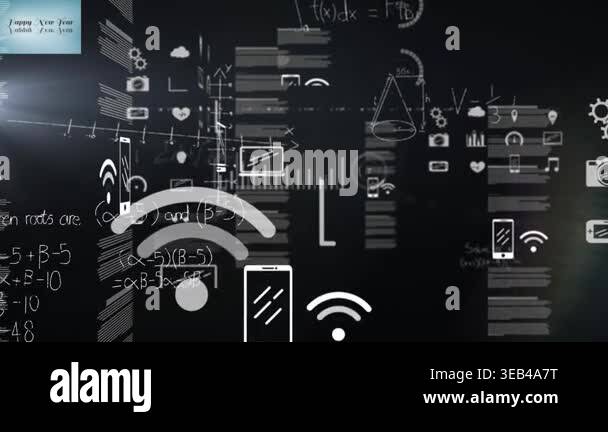 Animation of math formulas and data and graphs on black background ...