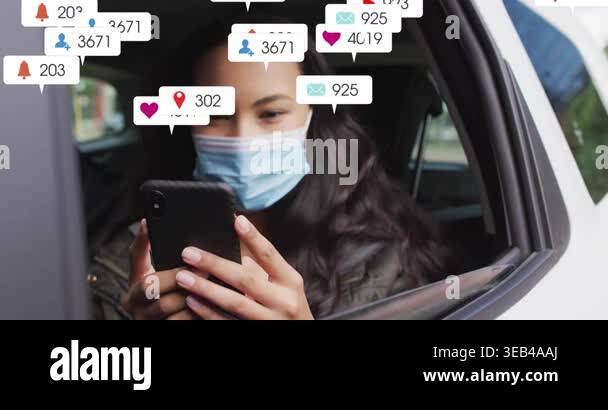 Woman scrolling smartphone in car seat, generating social media ...