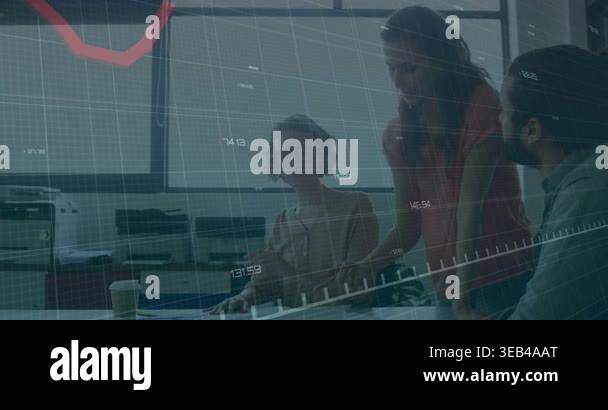 Discussing data with declining graph animation, business people in ...