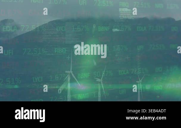Animation of financial data processing over wind turbines. Global ...
