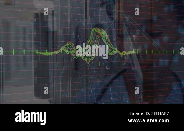 Animation of data processing over green line clock. Global business ...