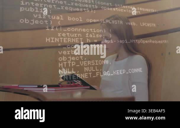 Animation of data processing over woman boxing using laptop. Global ...