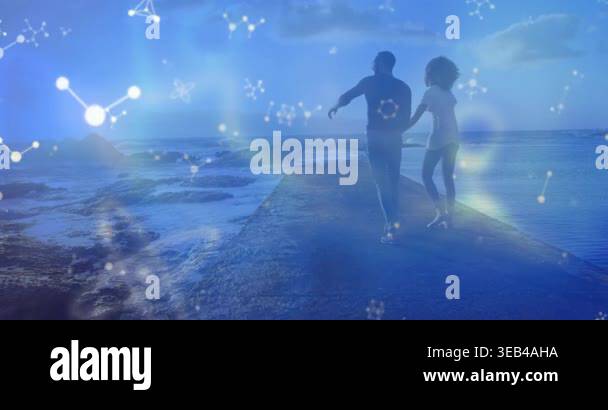 Couple walking on pier with molecular structures and atoms animation ...