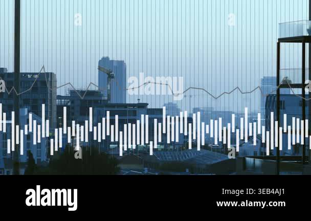 Animation of multiple graphs over buildings in city against clear sky ...